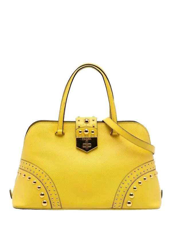 Prada Studded Saffiano Cuir Promenade Satchel - Yellow