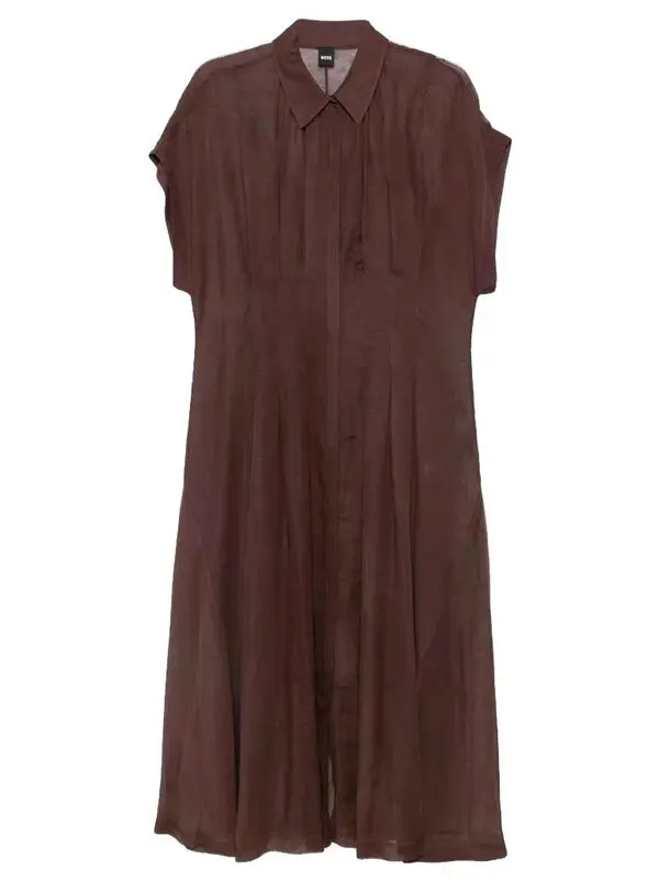 BOSS Short-sleeve Pleated Midi Dress - Brown