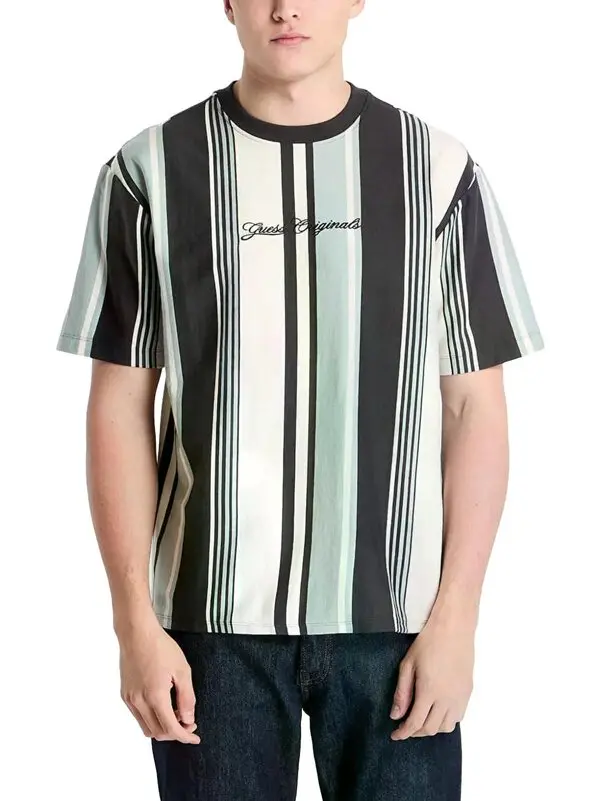 Guess Vertical-stripe Logo-embroidered T-shirt - Black