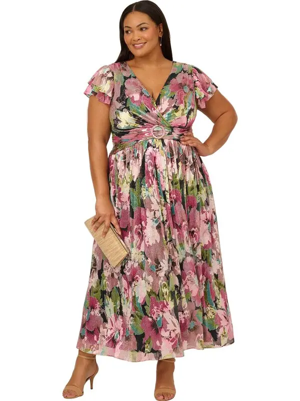 Adrianna Papell Flutter Sleeve Metallic Floral Gown - Navy/pink Multi