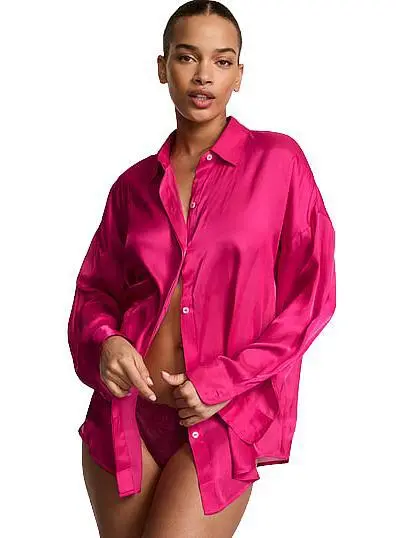 Victoria's Secret Luxe Sheer Satin Button-front Shirt - Pink