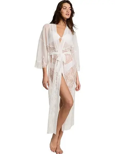Victoria's Secret Sheer Rose Lace Long Robe - White,ivory