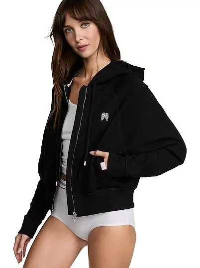 Victoria's Secret Angel Essentials Terry Cropped Full-zip Hoodie - Black