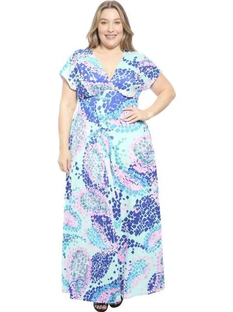 24SEVEN COMFORT APPAREL Curvy Essential V-neck Empire Waist Cap Sleeve Maxi Dress - Blue Multi