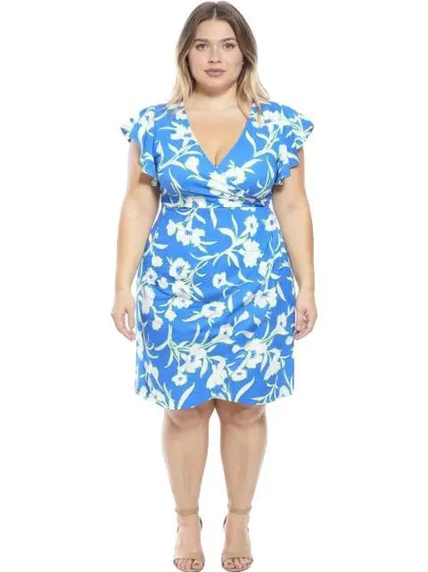 24SEVEN COMFORT APPAREL Floral Faux Wrap Knee Length Dress - Blue Multi