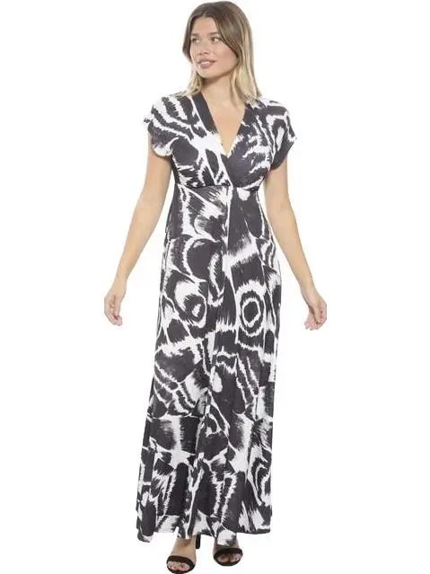 24SEVEN COMFORT APPAREL Abstract Print V-neck Maxi Dress - Black Multi