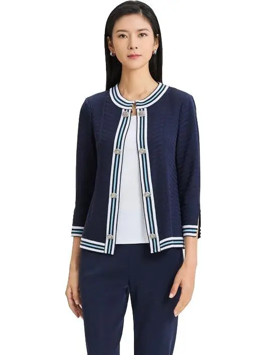Ming Wang Heritage Tonal Herringbone Knit Jacket - Indigo/serene/white
