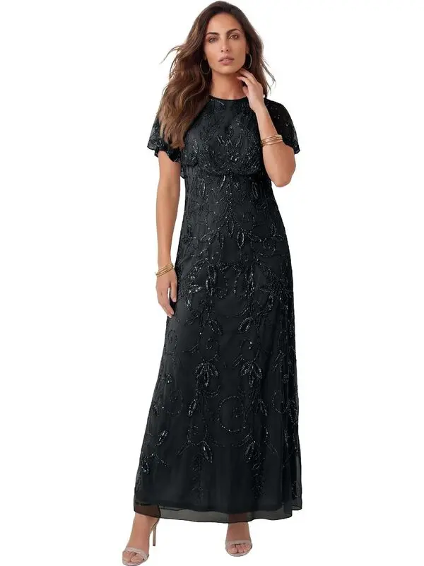 Roaman's Beaded Capelet Maxi Gown - Black