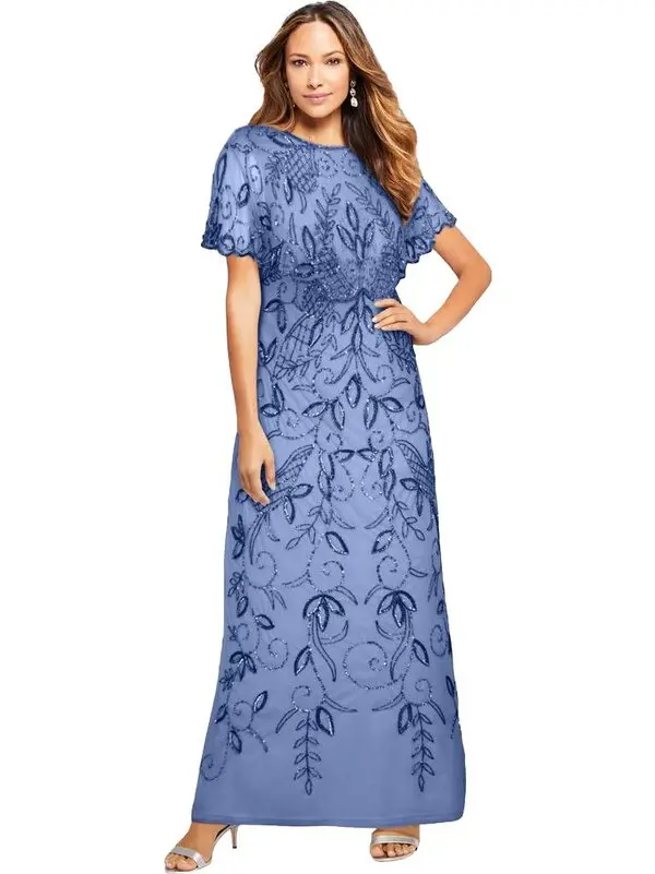ROAMAN'S Beaded Capelet Maxi Gown - Plum Blue