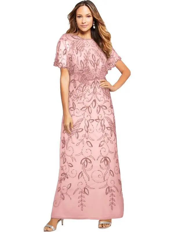 ROAMAN'S Beaded Capelet Maxi Gown - Soft Blush