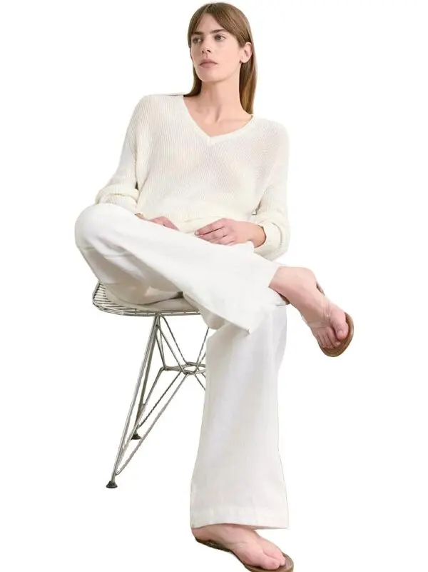 Almina Concept Cotton Mesh V-neck Pullover Sweater - White