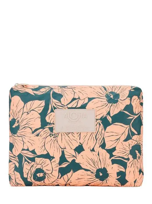 ALOHA COLLECTION Flor Del Mar Zip Pouch - Dark Teal/peachy