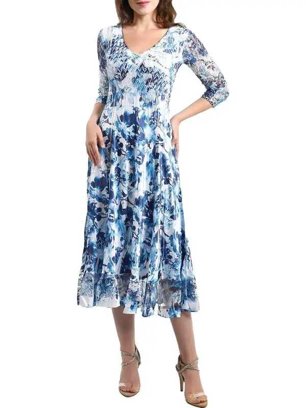 Komarov Printed Lace-sleeve Dress - Santoirini