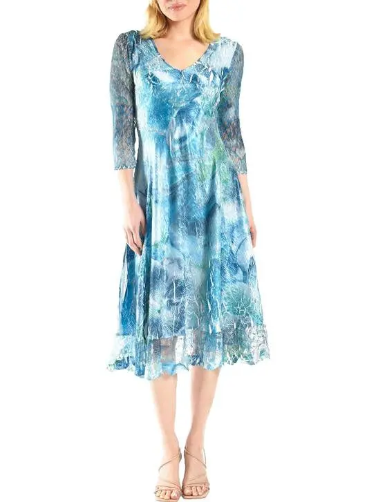 Komarov Lace Sleeve Charmeuse Dress - Turquoise Watrcolor