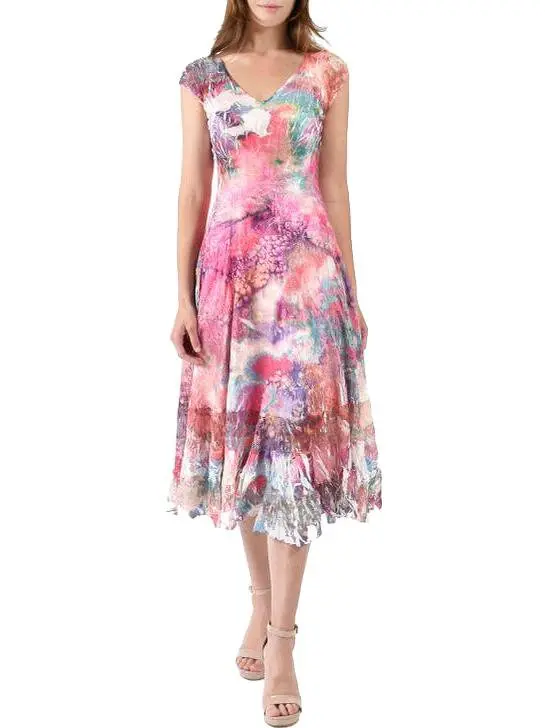Komarov Pleated Lace Cap Sleeve Charmeuse Dress - Fuschia Fire