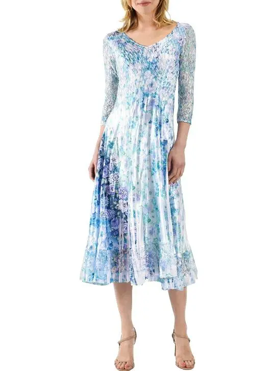 Komarov Lace Sleeve Charmeuse Dress - Cerulean Vine