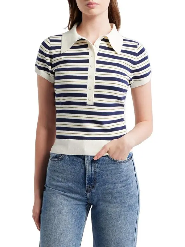 REFORMATION Bentley Cropped Polo Sweater - Fior Di Latte Navy M