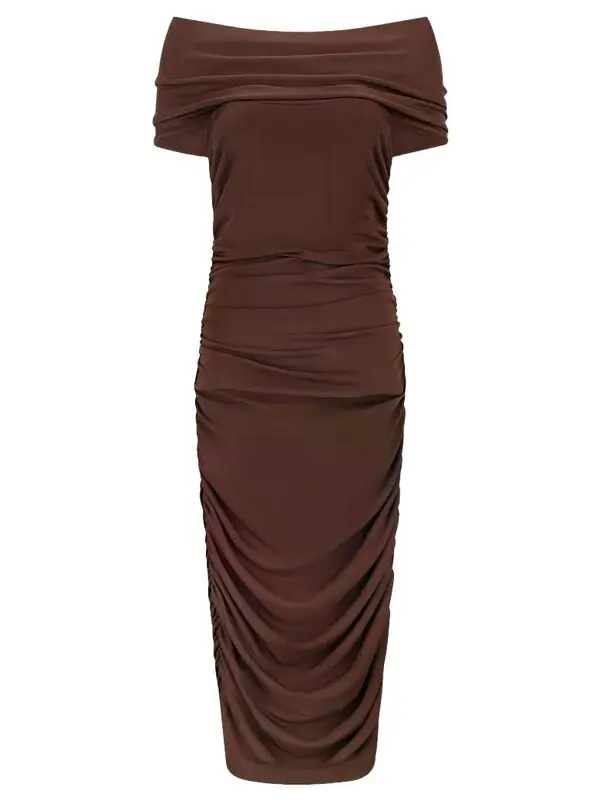 DES_PHEMMES Ruched Off-shoulder Midi Dress - Brown
