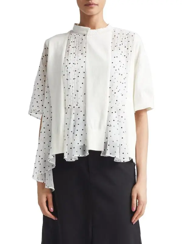 Sacai Pleated Polka Dot Mixed Media Top - White