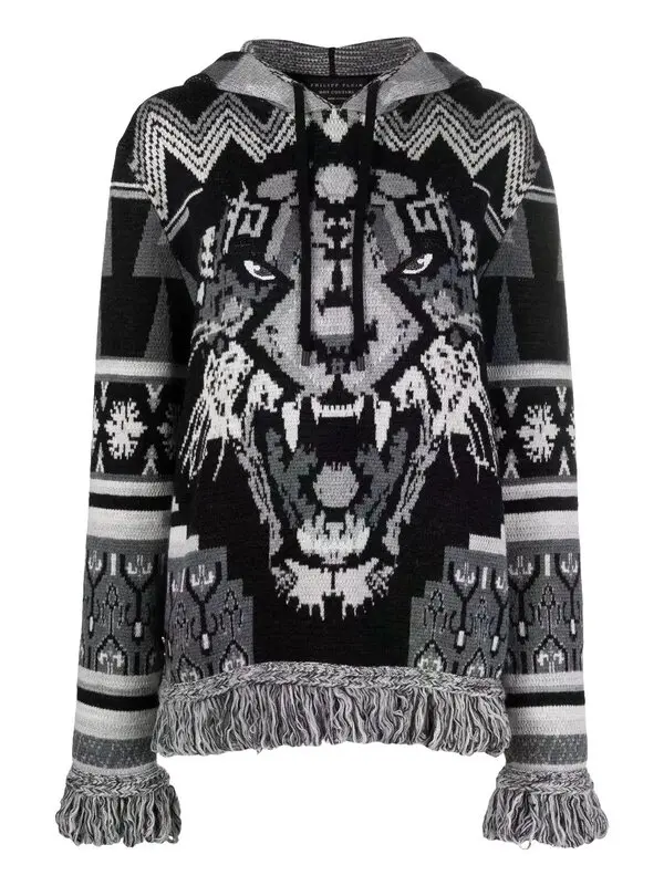 Philipp Plein Tiger-motif Fringe Wool Hoodie - Black