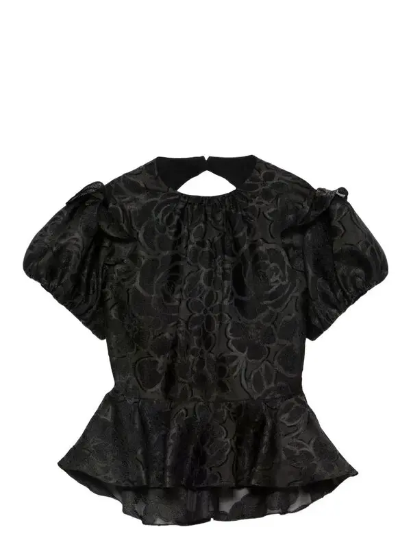 PARLOR Floral-jacquard Peplum-hem Blouse - Black