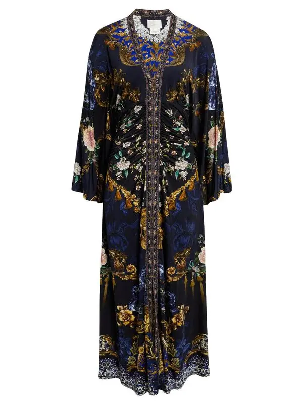 Camilla Beaded Print Ruched Silk Midi Dress - Notes From The Blue Room