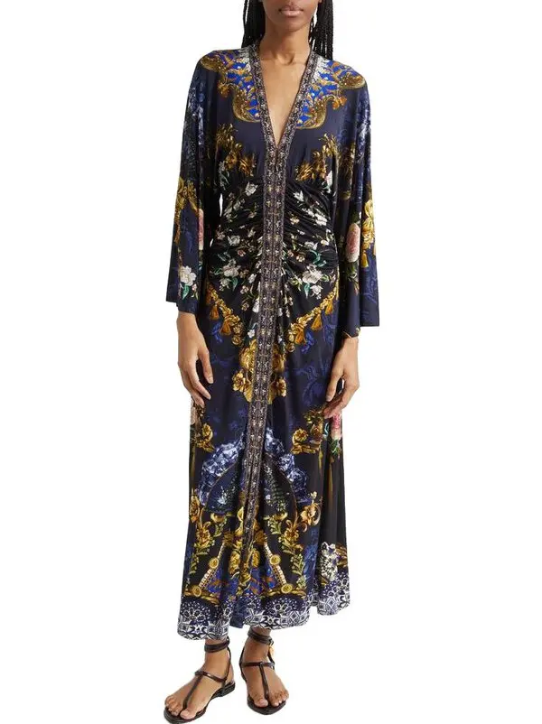 Camilla Beaded Print Ruched Silk Midi Dress - Notes From The Blue Room