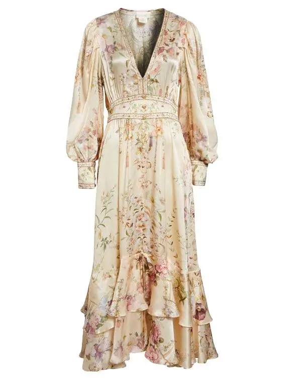 Camilla Beaded Floral Print Silk Dress - Adorned In Aranjuez