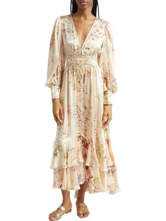 Camilla Beaded Floral Print Silk Dress - Adorned In Aranjuez