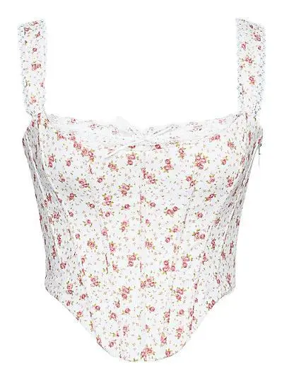 House Of Cb Adina Scallop-trim Corset Top - White Rose Print
