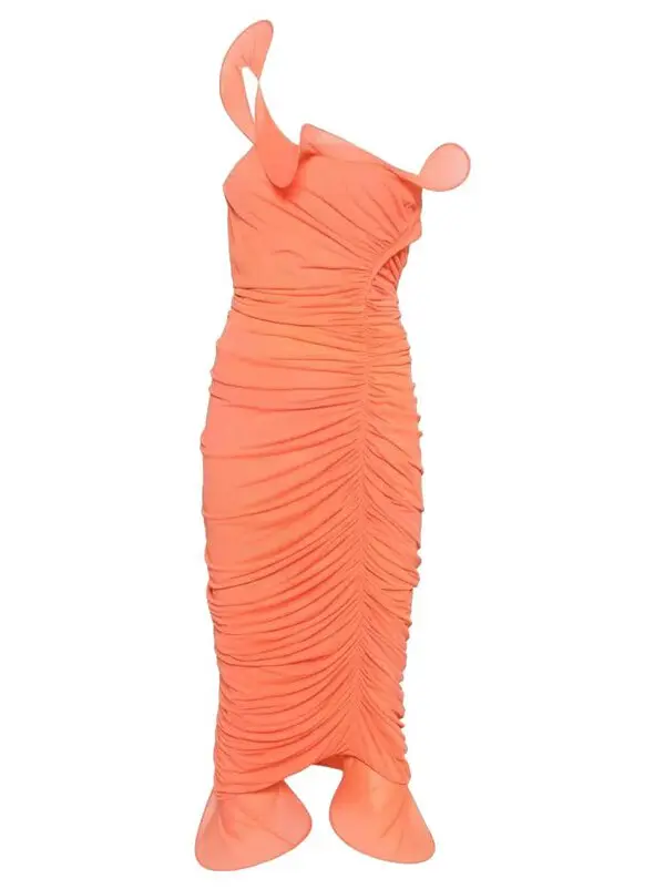 GENNY Ruched Ruffled One-shoulder Dress - Orange