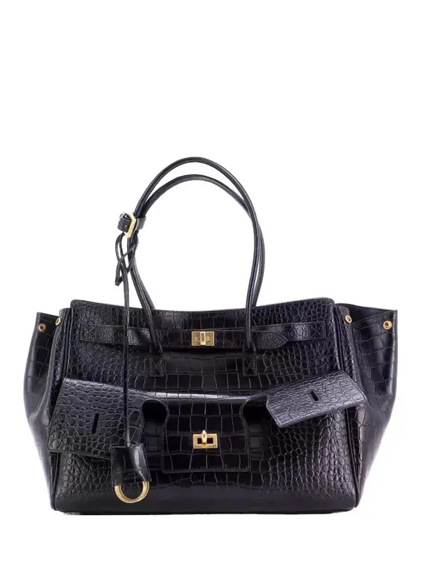 Balenciaga Bel Air Crocodile Embossed Leather Tote Bag - Black