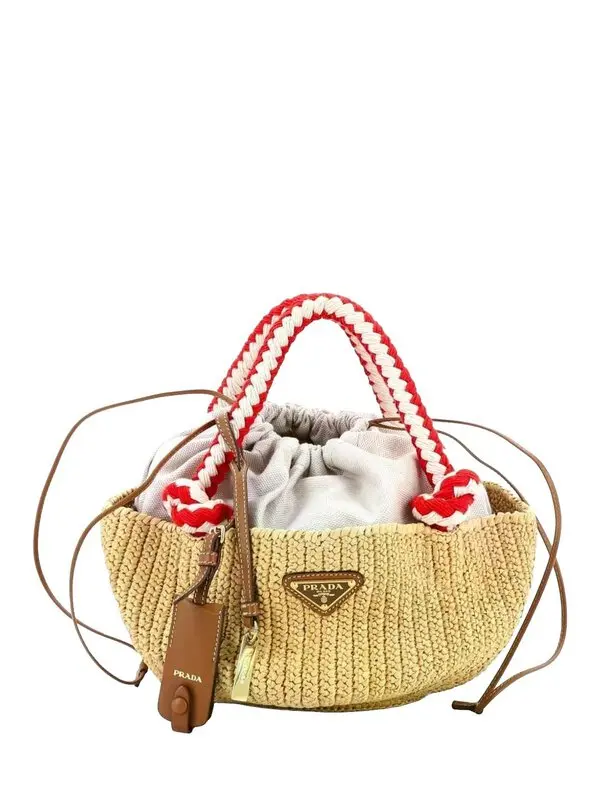 Prada Basket Crochet Raffia Small Tote Bag - Neutrals