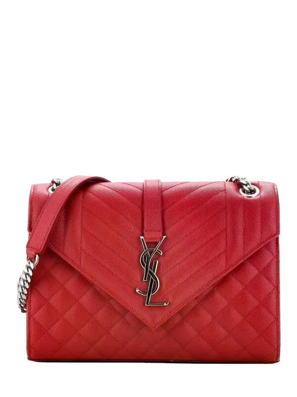 Saint Laurent Classic Monogram Envelope Satchel Mixed Matelasse Leather Medium Shoulder Bag - Red