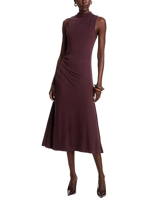 Hugo Boss Eylai Gathered Mock Neck Midi Dress - Mocha