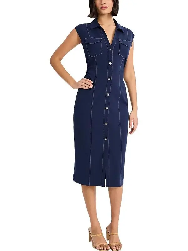 Maggy London Cap Sleeve Button Front Midi Dress - Navy Blazer
