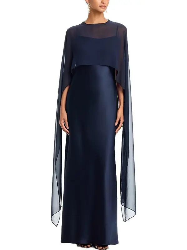 Aqua Long Satin Dress With Chiffon Overlay - Navy