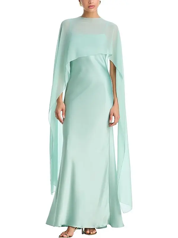 Aqua Long Satin Dress With Chiffon Overlay - Sage