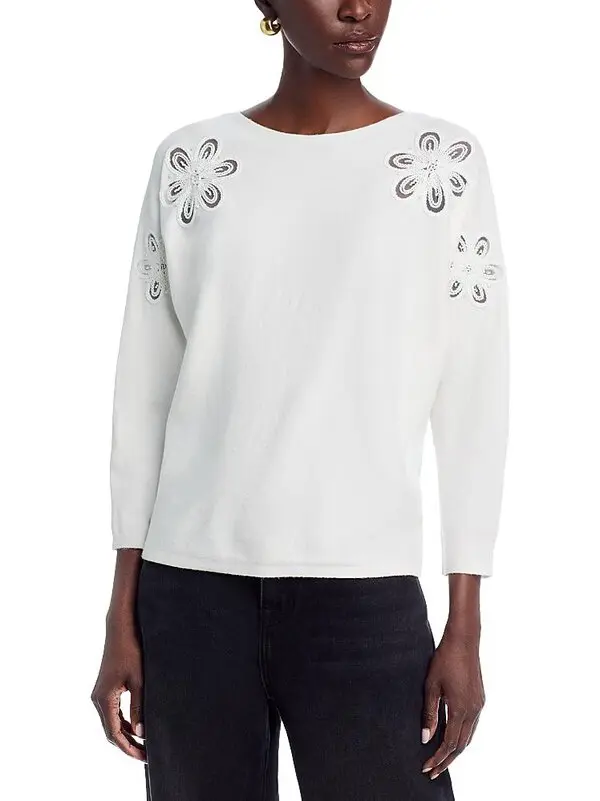 SIONI Flower Embellished Dolman Sleeve Sweater - Eggshell