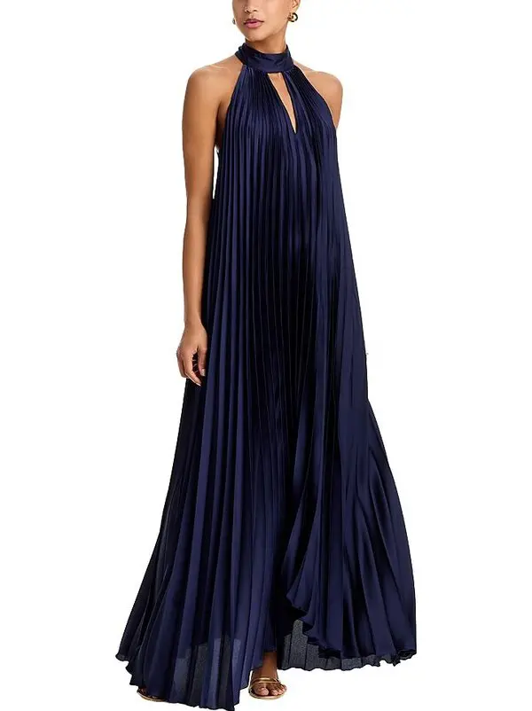 Aqua High Neck Pleated Satin Gown - Navy