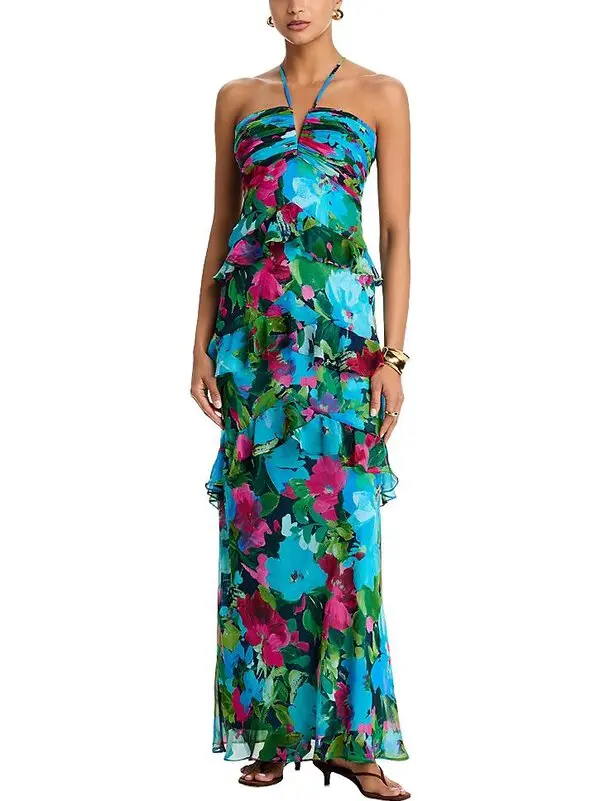 Aqua Chiffon Floral Print Ruffle Dress - Turq/multi