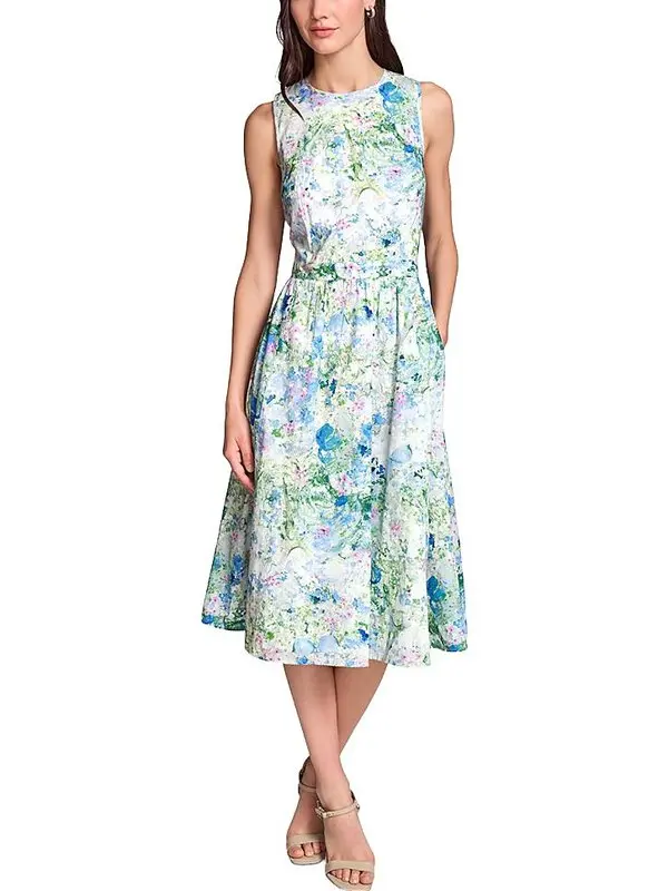 Karl Lagerfeld Paris Printed Tie Back Midi Dress - Sky Blue Multi