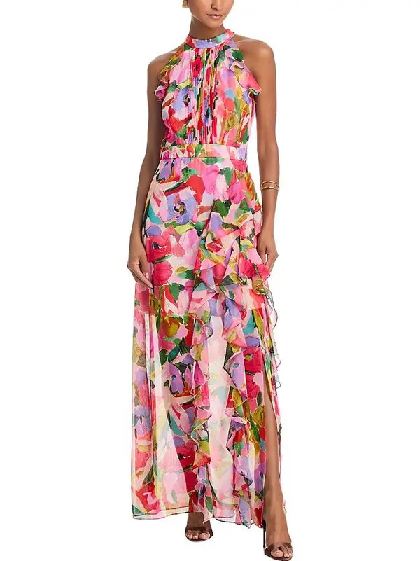 Aqua Printed Ruffle Placket Maxi Dress - Multi