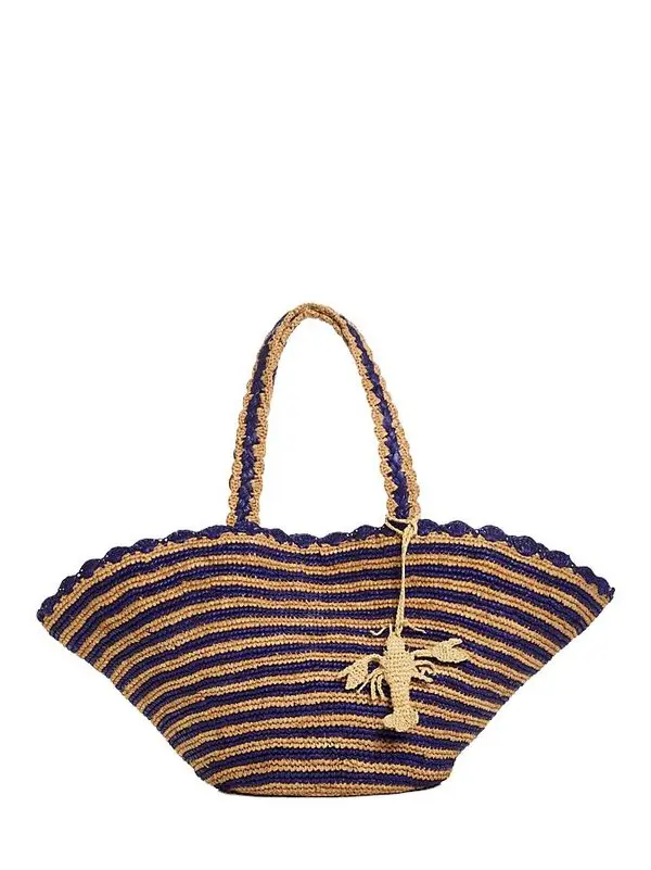 Aqua Stripe Fan Raffia Tote - Navy