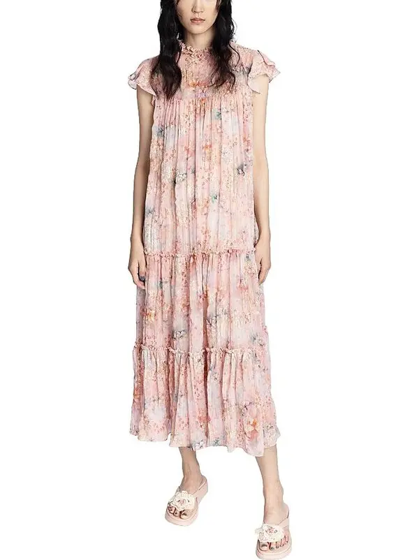 Anna Sui Oasis Blooms Tiered Maxi Dress - Blush Multi