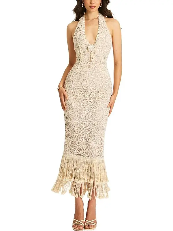 MISS CIRCLE Faelyn Crochet Halter Maxi Dress - Beige