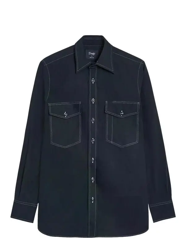 DRAKE'S Contrast-stitch Flap-pocket Shirt - Blue