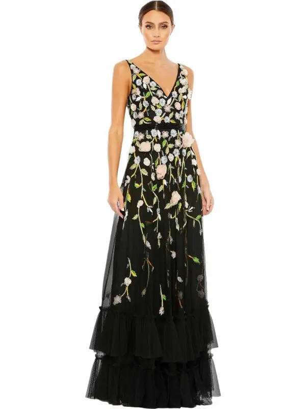 Mac Duggal Embellished Sleeveless V-neck A-line Gown - Black Peach
