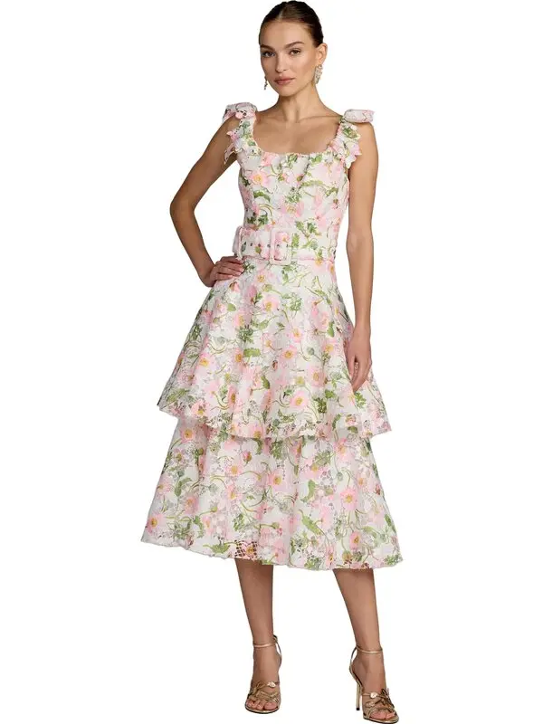 Mac Duggal Floral Lace Tiered Midi Dress - White Multi