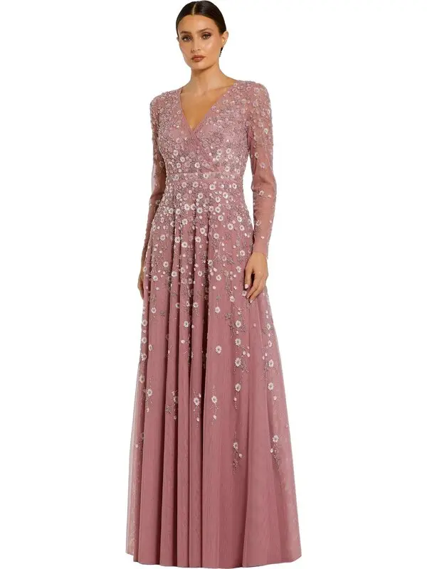 Mac Duggal Embellished V-neck Long Sleeve Gown - Purple